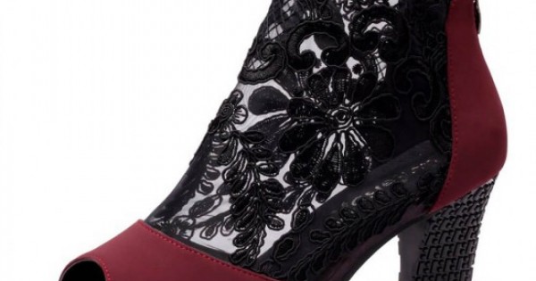 Open Toe High Heel Lace Mesh Sandals-Red