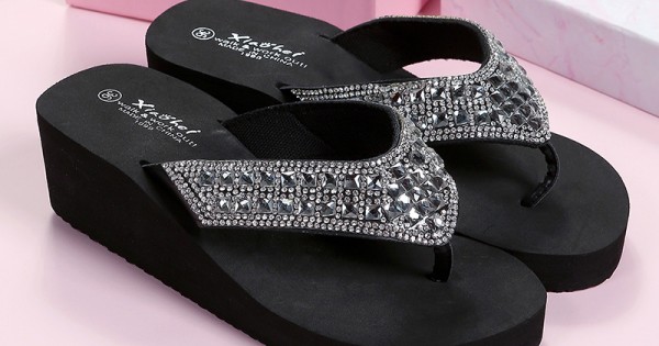 Buy Black Elegant Women's Rhinestone Wedge Flip Flops | Look Stylish ...
